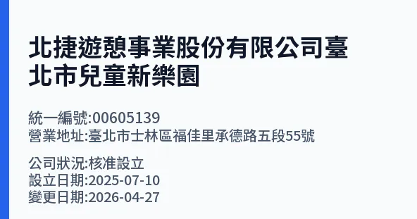 北捷遊憩事業股份有限公司臺北市兒童新樂園的照片-統編 00605139(臺北市) 公司登記資料與營業項目詳細圖表