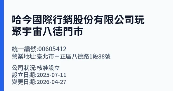 哈今國際行銷股份有限公司玩聚宇宙八德門市的照片-統編 00605412(臺北市) 公司登記資料與營業項目詳細圖表