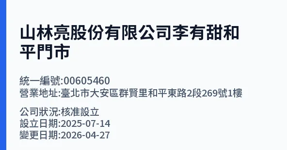 山林亮股份有限公司李有甜和平門市的照片-統編 00605460(臺北市) 公司登記資料與營業項目詳細圖表