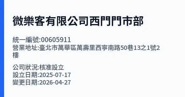 微樂客有限公司西門門市部的照片-統編 00605911(臺北市) 公司登記資料與營業項目詳細圖表