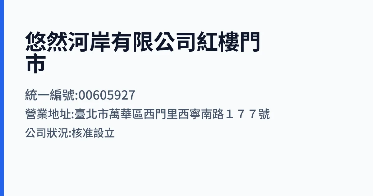 悠然河岸有限公司紅樓門市 - 統編 00605927(臺北市) 公司登記資料與營業項目詳細圖表