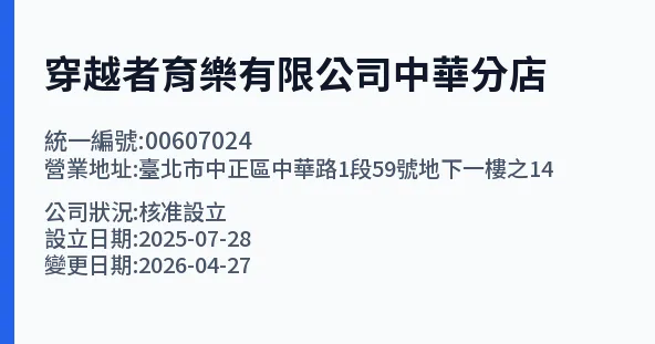 穿越者育樂有限公司中華分店的照片-統編 00607024(臺北市) 公司登記資料與營業項目詳細圖表