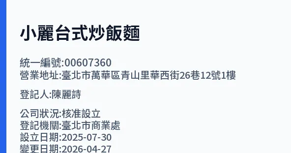 小麗台式炒飯麵的照片-統編 00607360(臺北市) 公司登記資料與營業項目詳細圖表