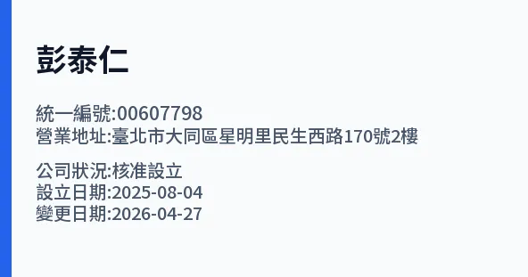 彭泰仁的照片-統編 00607798(臺北市) 公司登記資料與營業項目詳細圖表