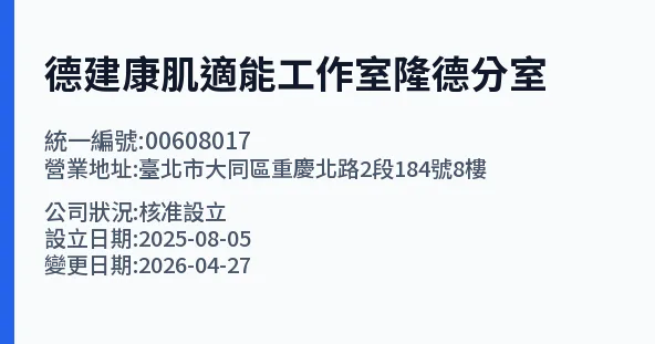 德建康肌適能工作室隆德分室的照片-統編 00608017(臺北市) 公司登記資料與營業項目詳細圖表
