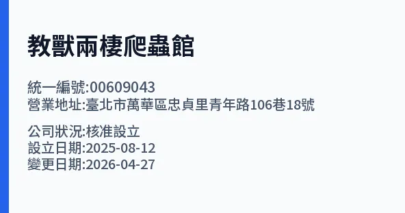 教獸兩棲爬蟲館的照片-統編 00609043(臺北市) 公司登記資料與營業項目詳細圖表