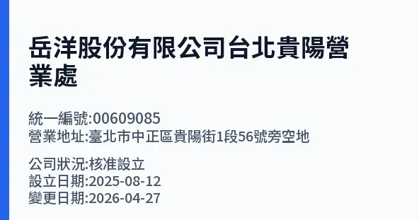 岳洋股份有限公司台北貴陽營業處的照片-統編 00609085(臺北市) 公司登記資料與營業項目詳細圖表