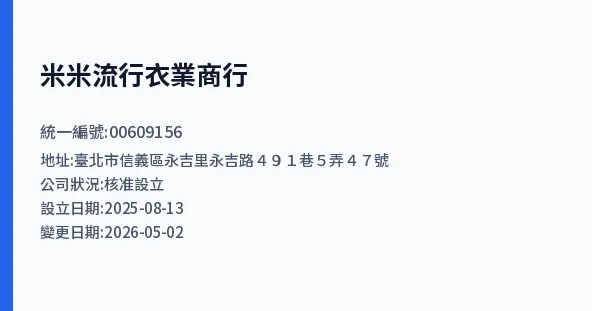 米米流行衣業商行的照片-統編 00609156(臺北市) 公司登記資料與營業項目詳細圖表