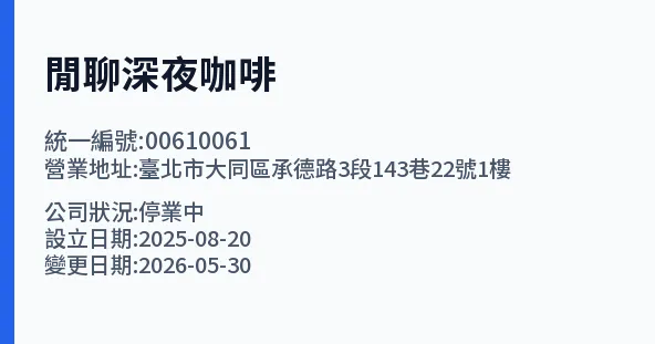 閒聊深夜咖啡的照片-統編 00610061(臺北市) 公司登記資料與營業項目詳細圖表