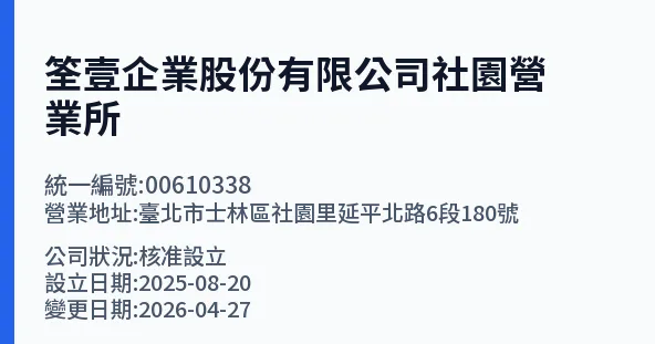 筌壹企業股份有限公司社園營業所的照片-統編 00610338(臺北市) 公司登記資料與營業項目詳細圖表