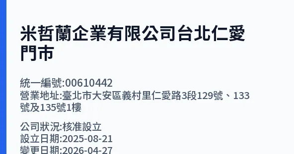 米哲蘭企業有限公司台北仁愛門巿的照片-統編 00610442(臺北市) 公司登記資料與營業項目詳細圖表