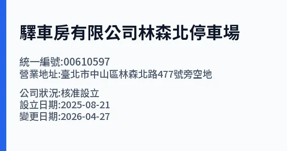 驛車房有限公司林森北停車場的照片-統編 00610597(臺北市) 公司登記資料與營業項目詳細圖表