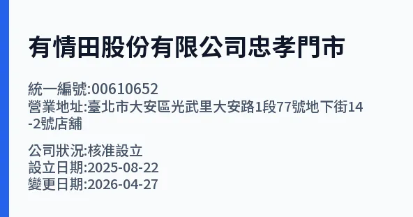 有情田股份有限公司忠孝門市的照片-統編 00610652(臺北市) 公司登記資料與營業項目詳細圖表