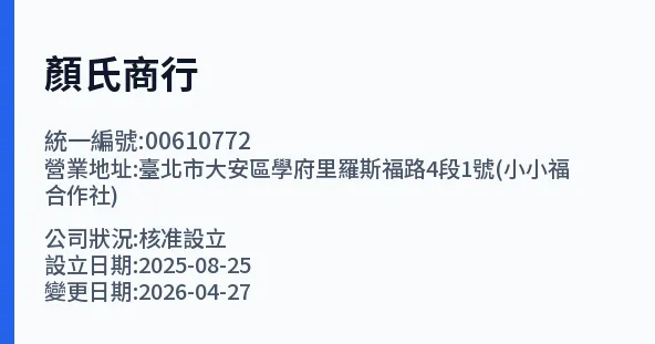 顏氏商行的照片-統編 00610772(臺北市) 公司登記資料與營業項目詳細圖表