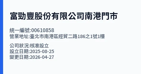 富勁豐股份有限公司南港門巿的照片-統編 00610858(臺北市) 公司登記資料與營業項目詳細圖表
