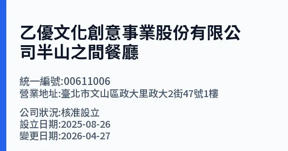 乙優文化創意事業股份有限公司半山之間餐廳的照片-統編 00611006(臺北市) 公司登記資料與營業項目詳細圖表