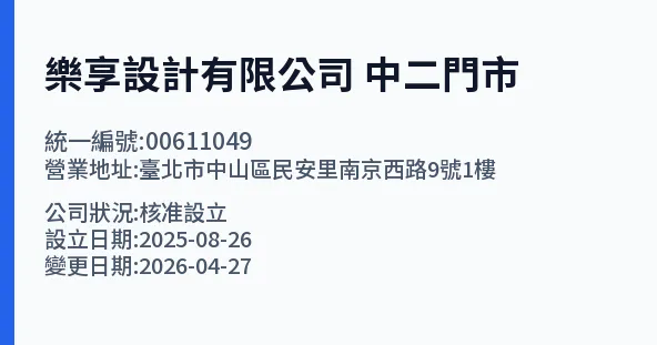 樂享設計有限公司 中二門市的照片-統編 00611049(臺北市) 公司登記資料與營業項目詳細圖表