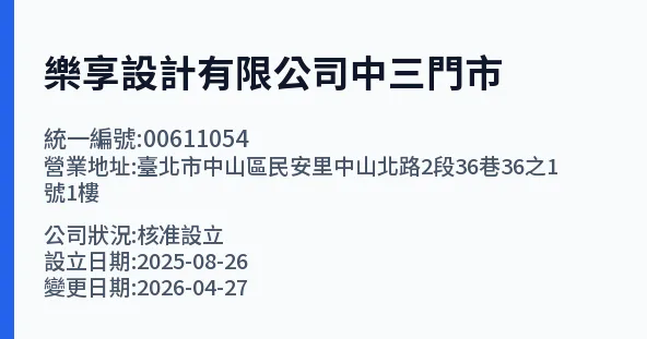 樂享設計有限公司中三門市的照片-統編 00611054(臺北市) 公司登記資料與營業項目詳細圖表