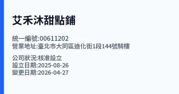 艾禾沐甜點鋪的照片-統編 00611202(臺北市) 公司登記資料與營業項目詳細圖表