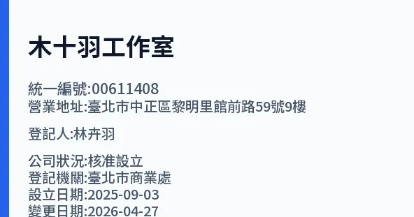 木十羽工作室的照片-統編 00611408(臺北市) 公司登記資料與營業項目詳細圖表