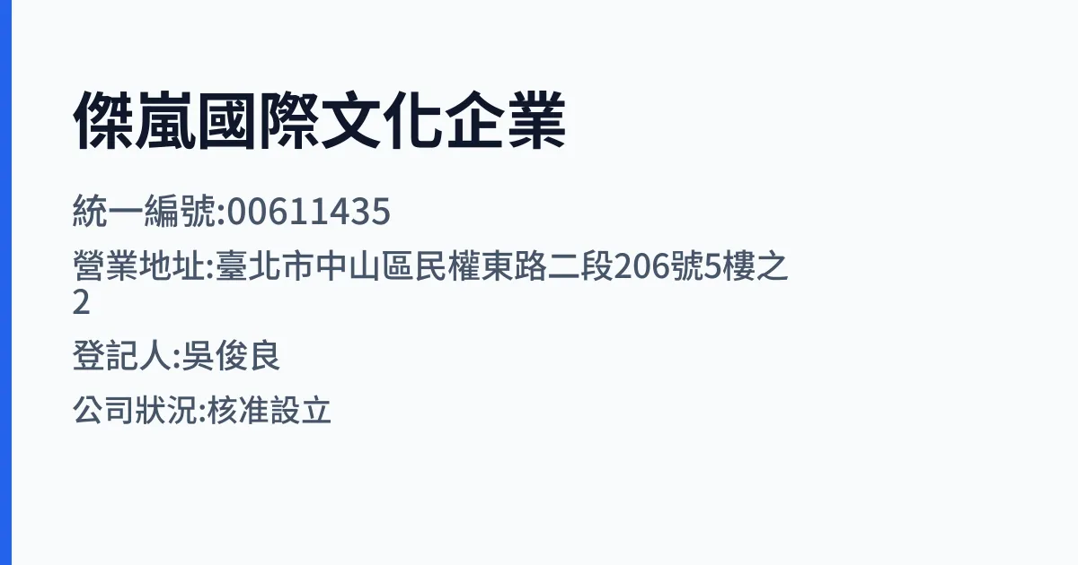 傑嵐國際文化企業 - 統編 00611435(臺北市) 公司登記資料與營業項目詳細圖表