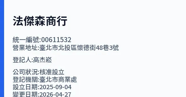 法傑森商行的照片-統編 00611532(臺北市) 公司登記資料與營業項目詳細圖表