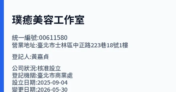 璞癒美容工作室的照片-統編 00611580(臺北市) 公司登記資料與營業項目詳細圖表