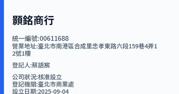 顥銘商行的照片-統編 00611688(臺北市) 公司登記資料與營業項目詳細圖表
