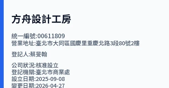 方舟設計工房的照片-統編 00611809(臺北市) 公司登記資料與營業項目詳細圖表