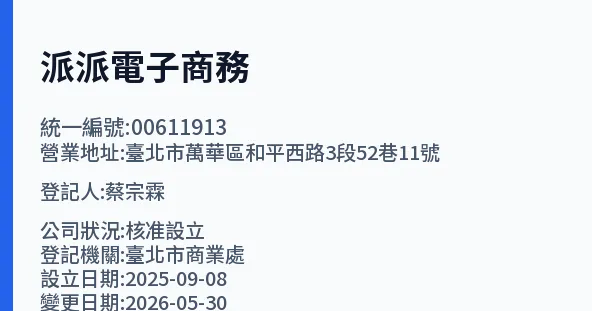 派派電子商務的照片-統編 00611913(臺北市) 公司登記資料與營業項目詳細圖表
