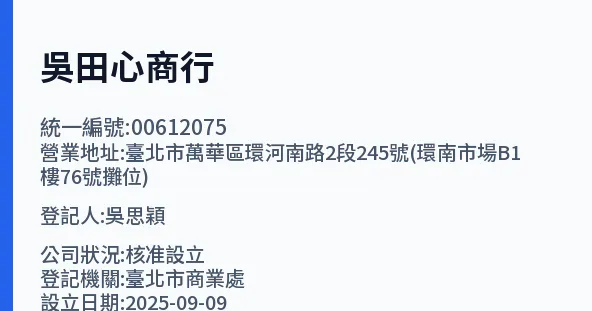 吳田心商行的照片-統編 00612075(臺北市) 公司登記資料與營業項目詳細圖表