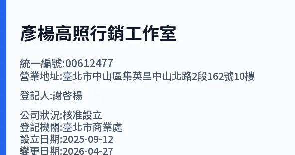 彥楊高照行銷工作室的照片-統編 00612477(臺北市) 公司登記資料與營業項目詳細圖表