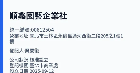 順鑫園藝企業社的照片-統編 00612504(臺北市) 公司登記資料與營業項目詳細圖表
