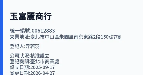 玉富麗商行的照片-統編 00612883(臺北市) 公司登記資料與營業項目詳細圖表