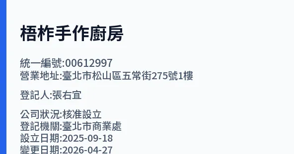 梧柞手作廚房的照片-統編 00612997(臺北市) 公司登記資料與營業項目詳細圖表