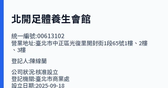 北開足體養生會館的照片-統編 00613102(臺北市) 公司登記資料與營業項目詳細圖表
