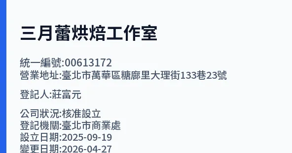 三月蕾烘焙工作室的照片-統編 00613172(臺北市) 公司登記資料與營業項目詳細圖表