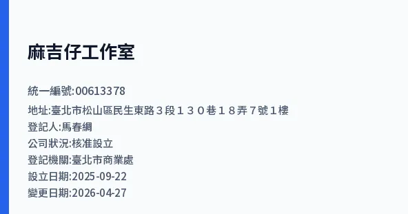 麻吉仔工作室的照片-統編 00613378(臺北市) 公司登記資料與營業項目詳細圖表