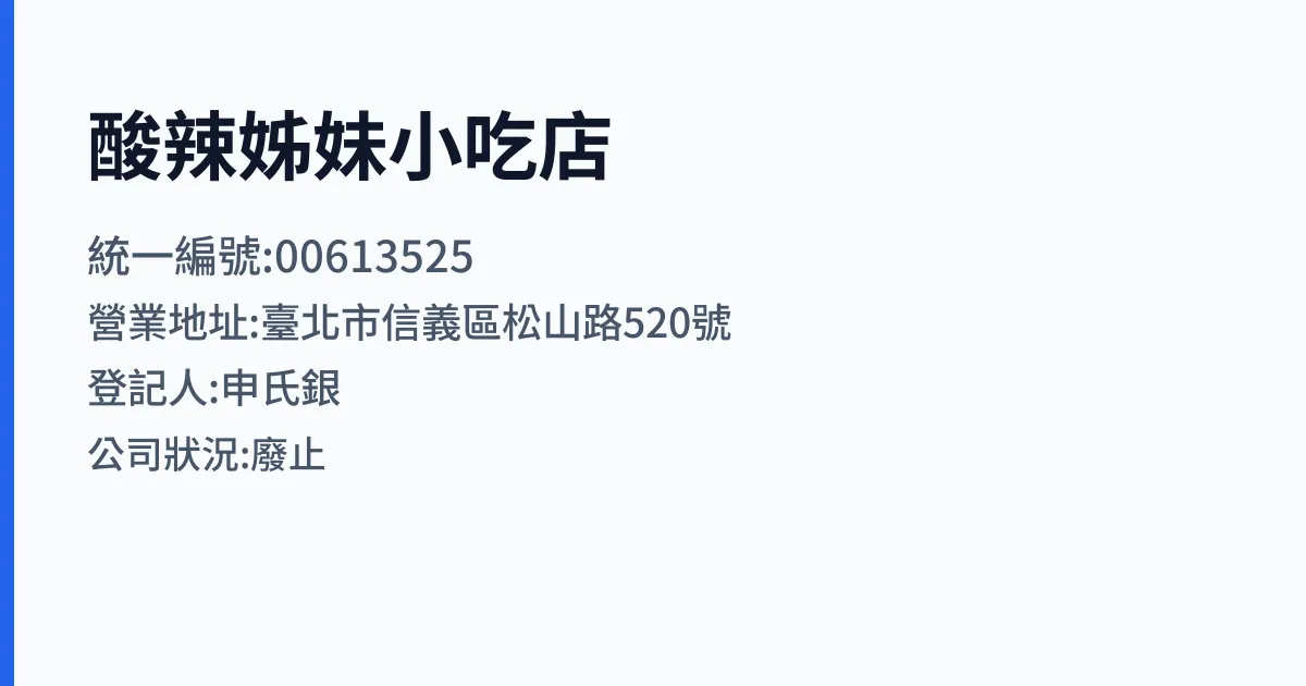 酸辣姊妹小吃店 - 統編 00613525(臺北市) 公司登記資料與營業項目詳細圖表