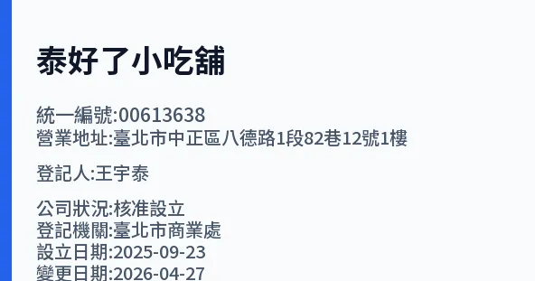 泰好了小吃舖的照片-統編 00613638(臺北市) 公司登記資料與營業項目詳細圖表