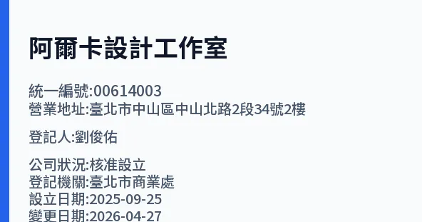 阿爾卡設計工作室的照片-統編 00614003(臺北市) 公司登記資料與營業項目詳細圖表
