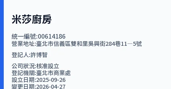 米莎廚房的照片-統編 00614186(臺北市) 公司登記資料與營業項目詳細圖表