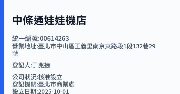 中條通娃娃機店的照片-統編 00614263(臺北市) 公司登記資料與營業項目詳細圖表