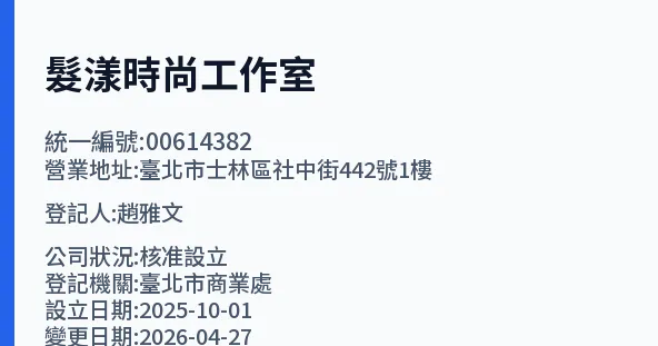 髮漾時尚工作室的照片-統編 00614382(臺北市) 公司登記資料與營業項目詳細圖表