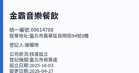 金霸音樂餐飲的照片-統編 00614708(臺北市) 公司登記資料與營業項目詳細圖表
