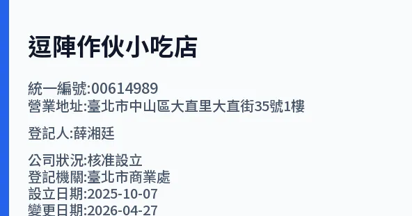 逗陣作伙小吃店的照片-統編 00614989(臺北市) 公司登記資料與營業項目詳細圖表