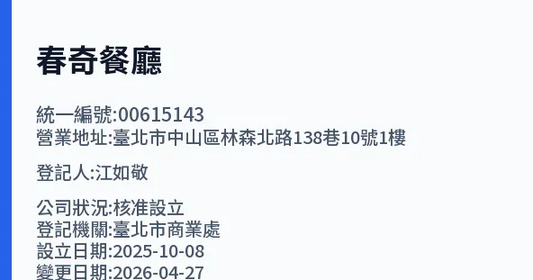 春奇餐廳的照片-統編 00615143(臺北市) 公司登記資料與營業項目詳細圖表