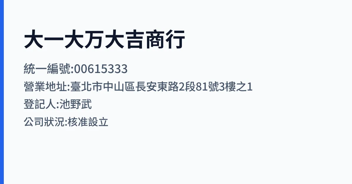 大一大万大吉商行 - 統編 00615333(臺北市) 公司登記資料與營業項目詳細圖表