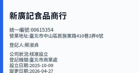 新廣記食品商行的照片-統編 00615354(臺北市) 公司登記資料與營業項目詳細圖表