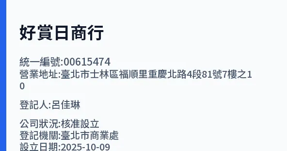 好賞日商行的照片-統編 00615474(臺北市) 公司登記資料與營業項目詳細圖表